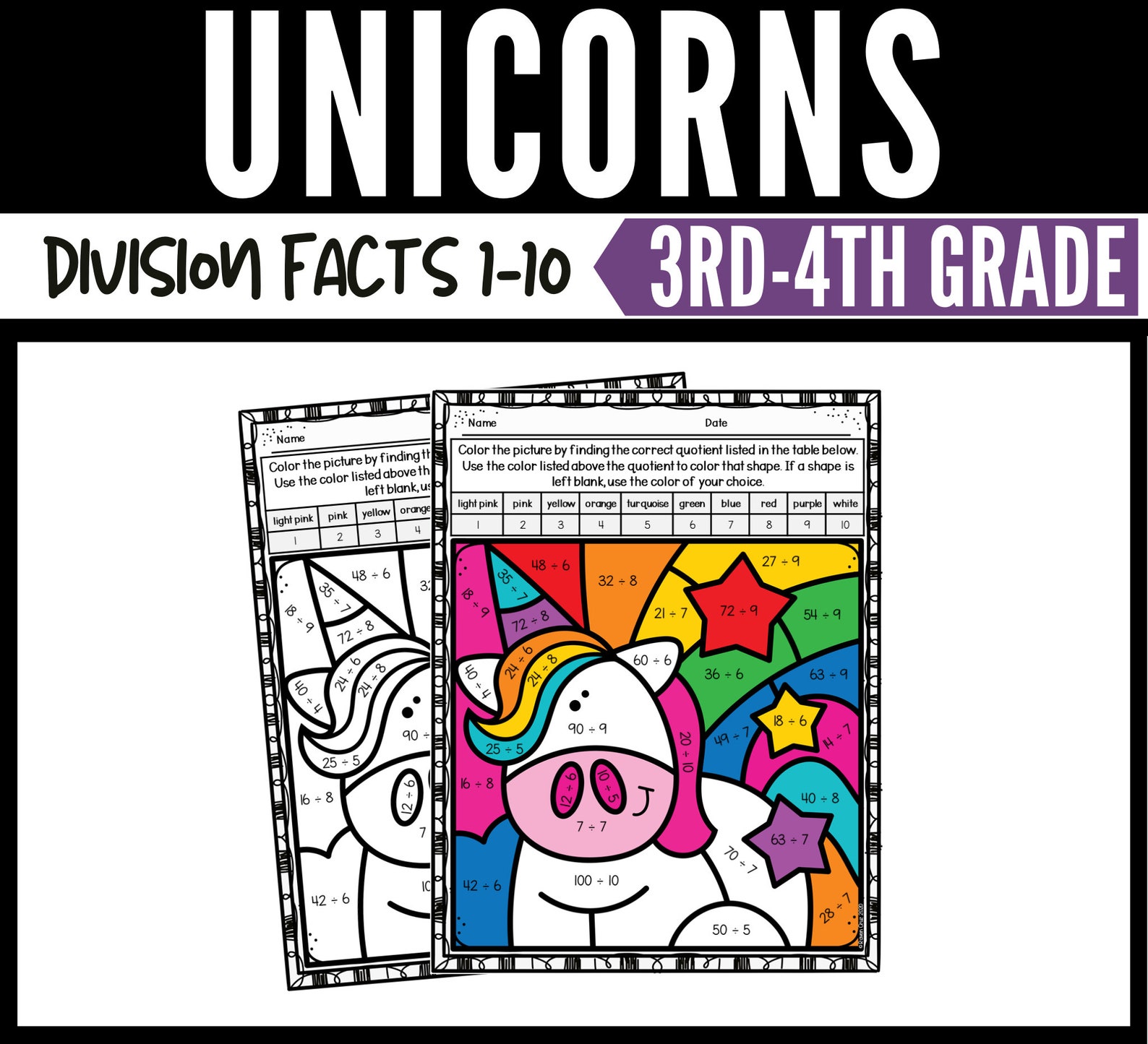 Unicorns Division Color by Number Worksheets 3rd Grade Division Math ...