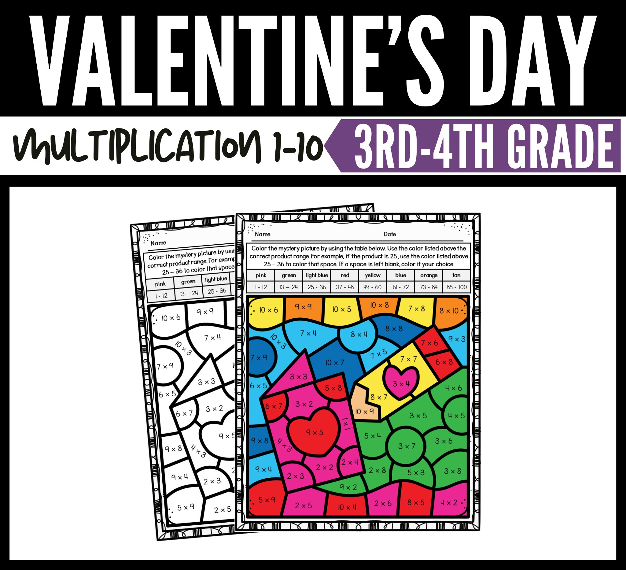 Valentine's Day Color by Number Multiplication Worksheets for 3rd Grade ...