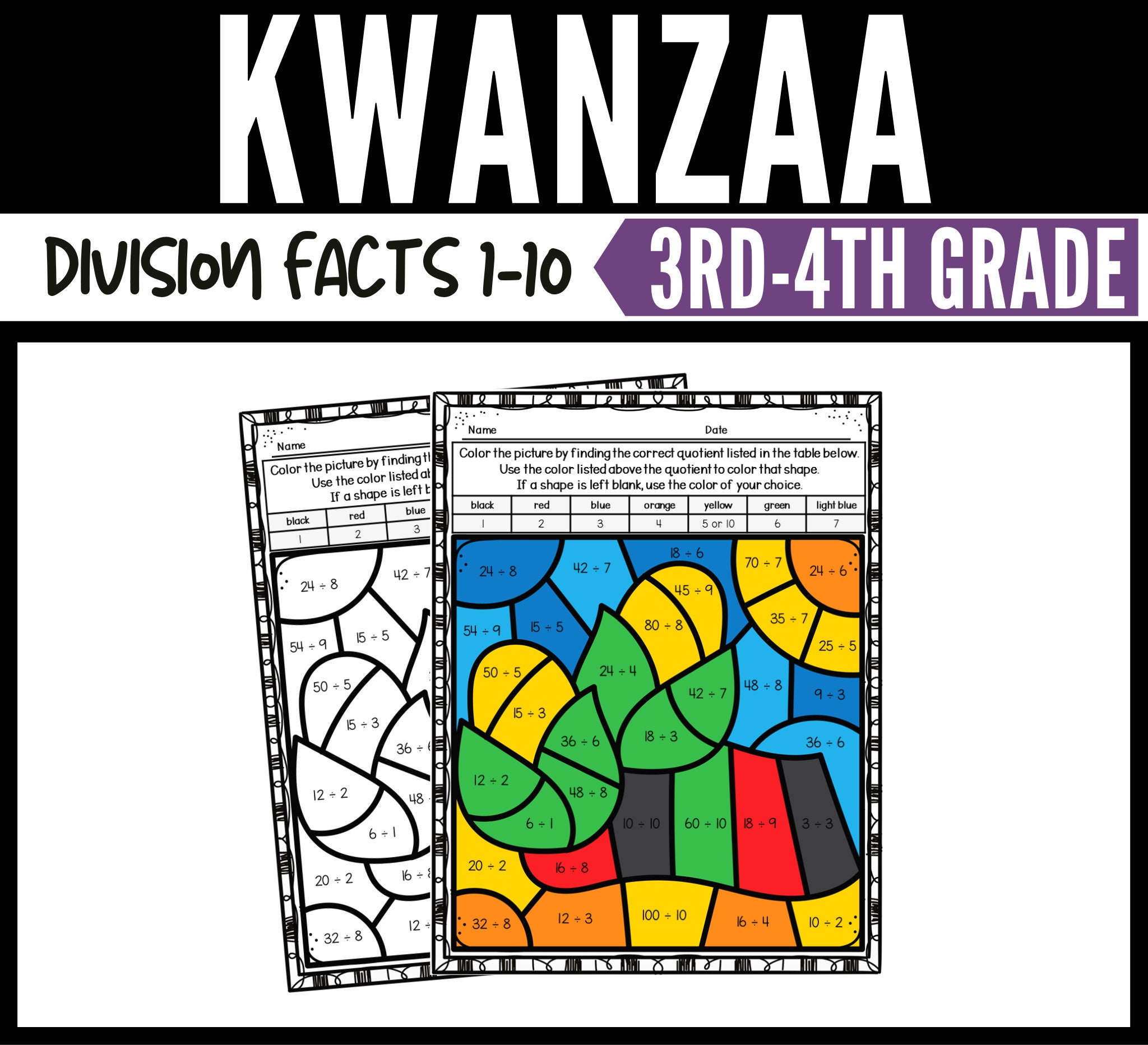 Kwanzaa Color by Number Divisionworksheets 3rd Grade and 4th Grade Math ...