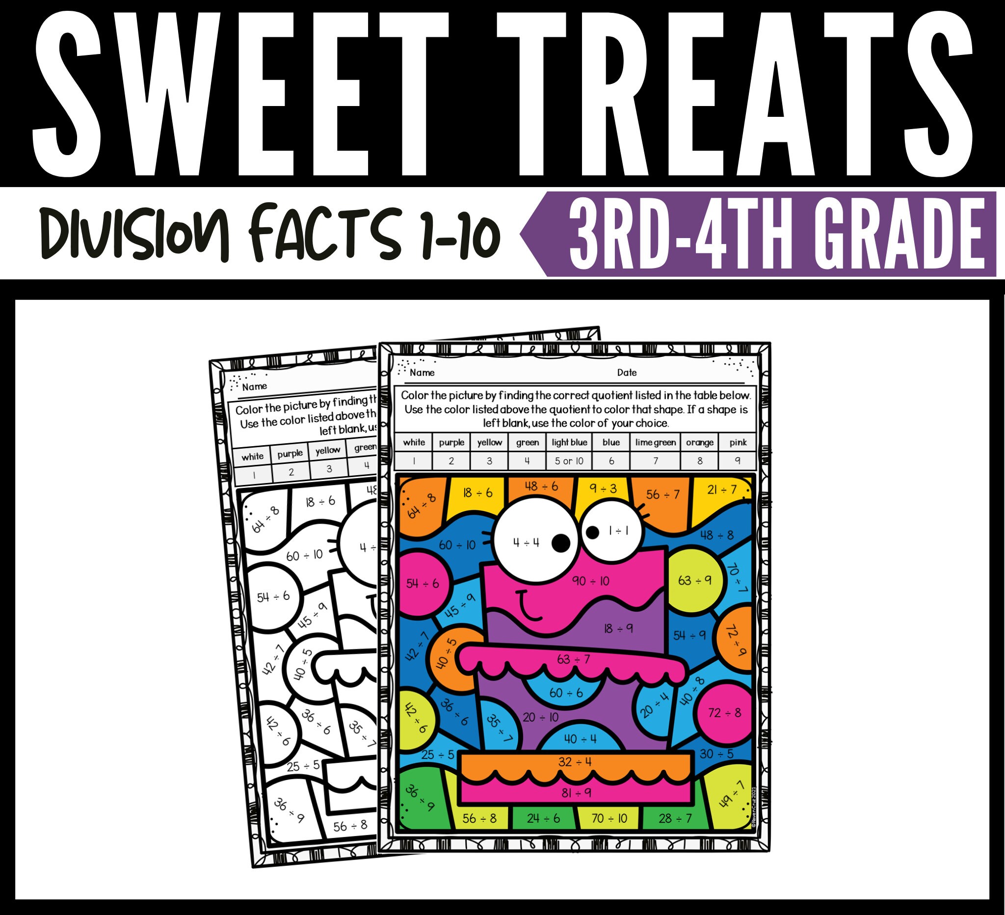 Sweet Treats Division Color by Number Worksheets 3rd Grade and 4th ...