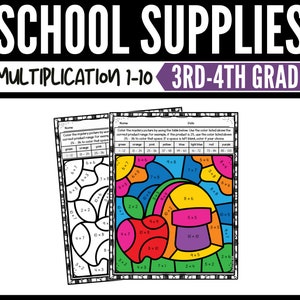 Back to School Supplies Multiplication Color by Number Worksheets for ...