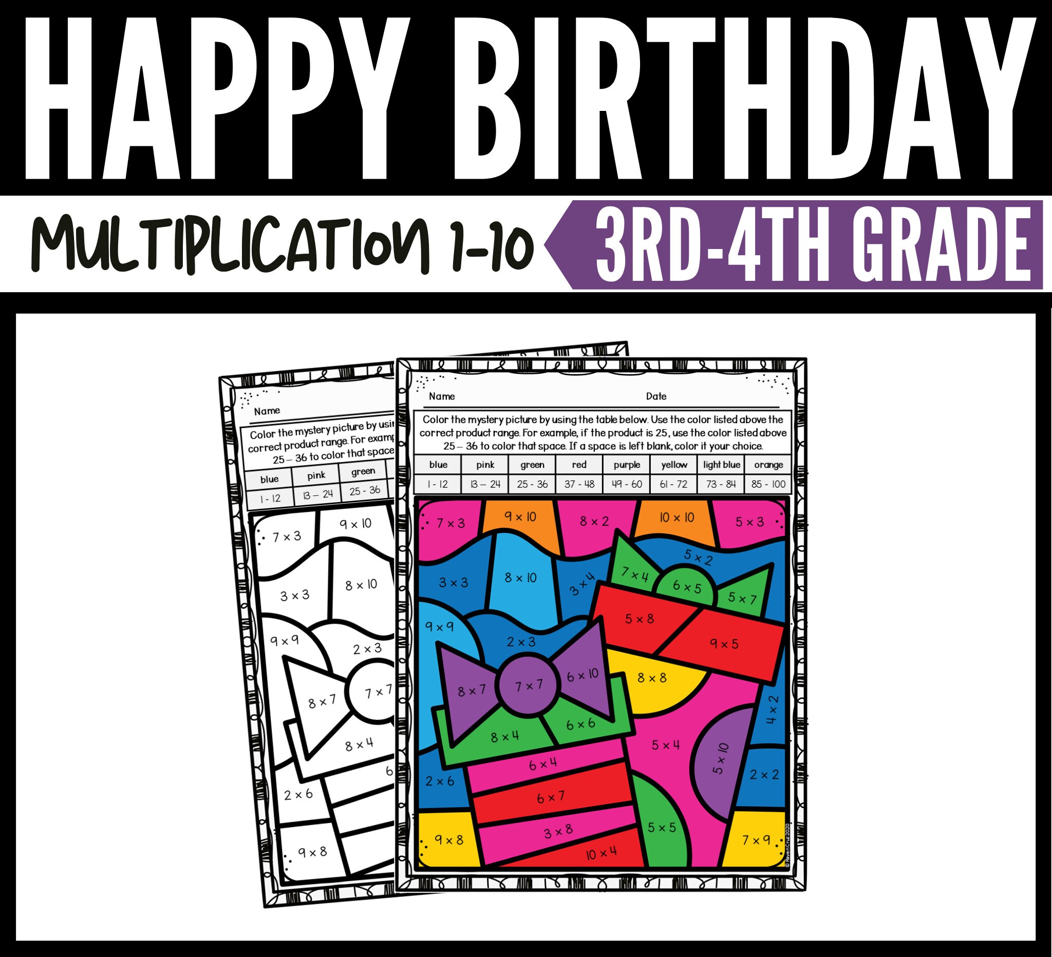 Happy Birthday Multiplication Color by Number Worksheets for 3rd Grade ...