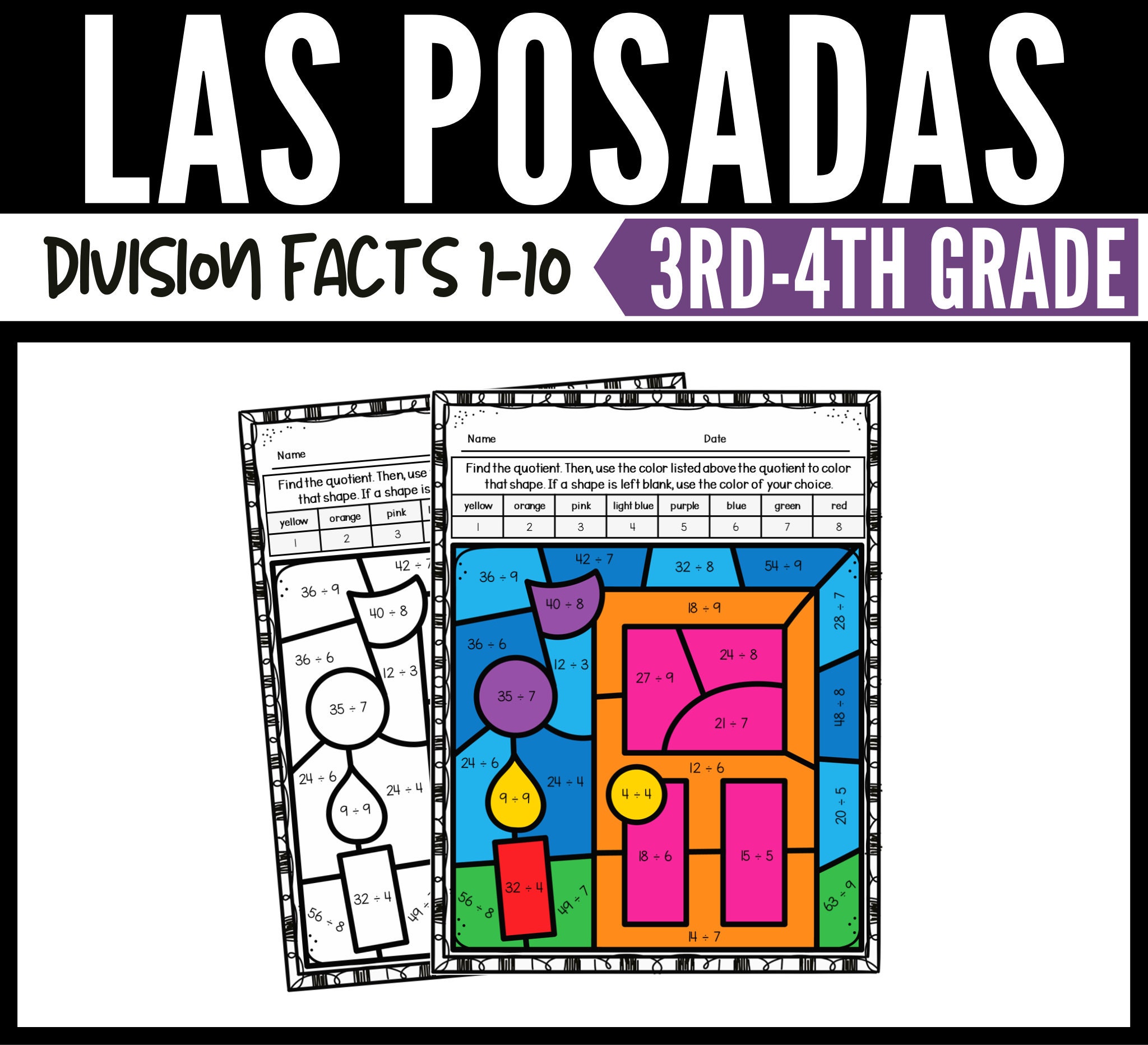 Las Posadas Color by Number Division Worksheets Mexican Christmas ...