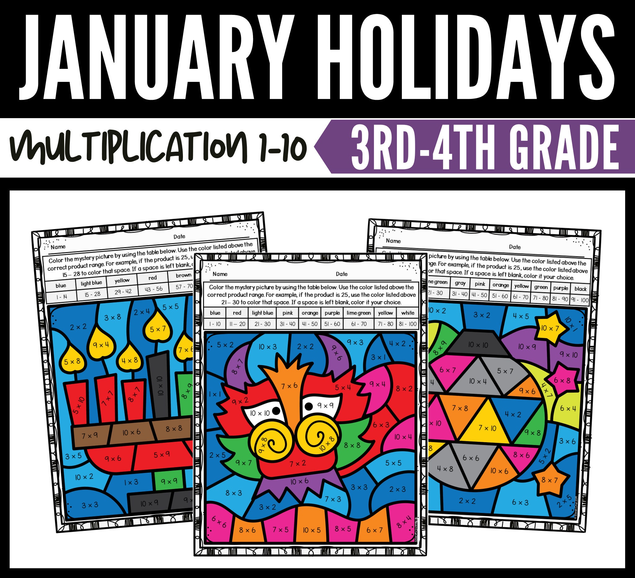 Multiplication Color by Number January Holidays | New Year Lunar New ...