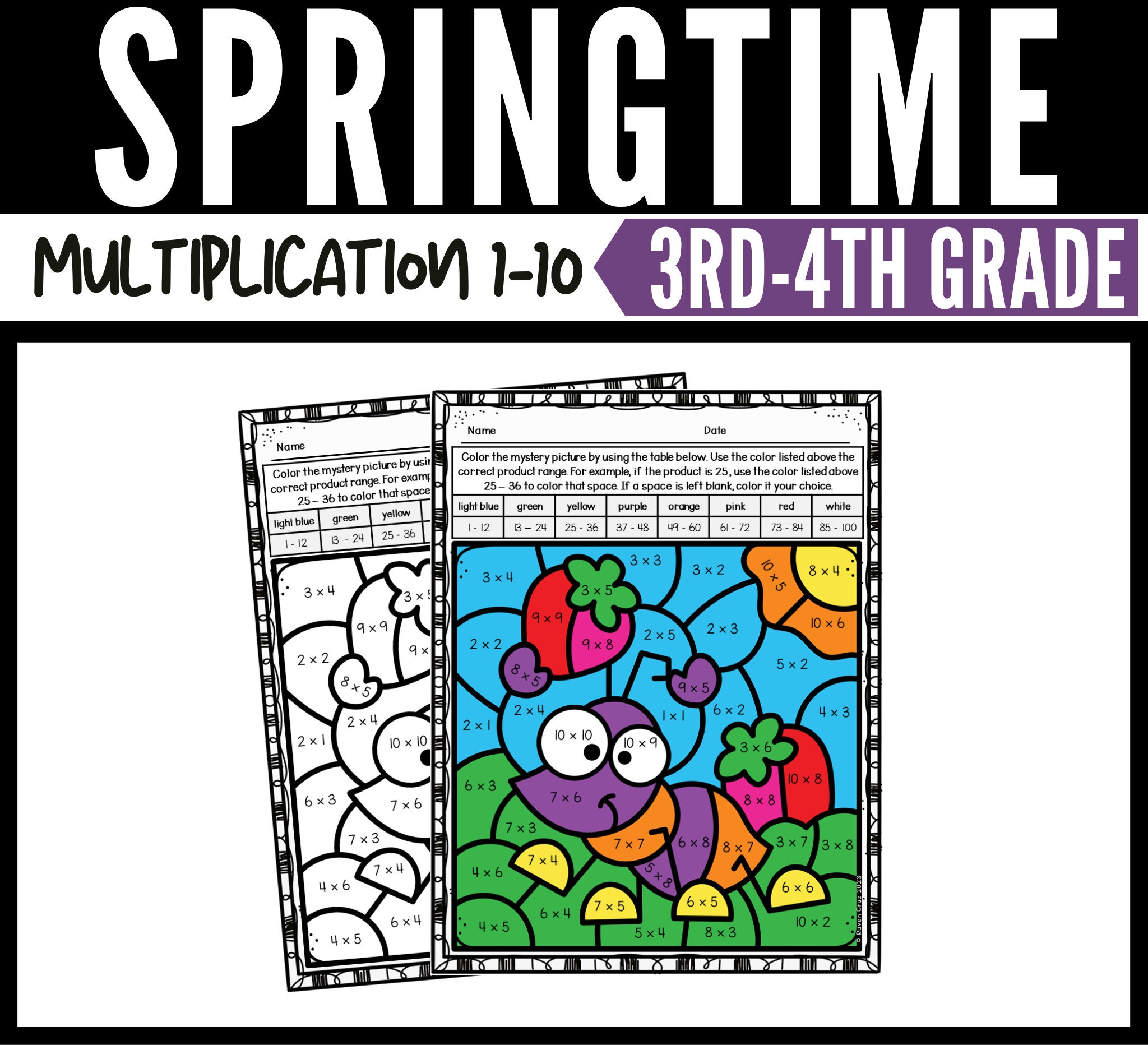 Spring Multiplication Color by Number Worksheets | - Etsy