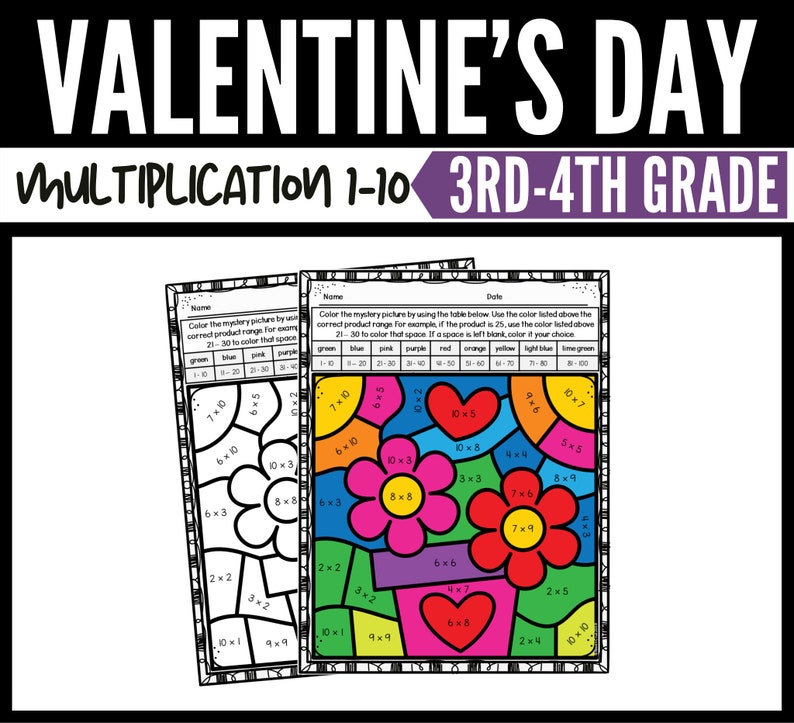Valentine's Day Color by Number Multiplication Worksheets for 3rd-grade ...