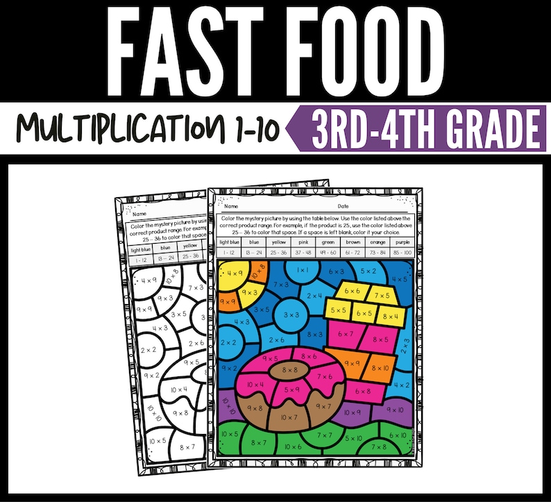 Fast Food Multiplication Color by Number Worksheets, 3rd Grade Math ...