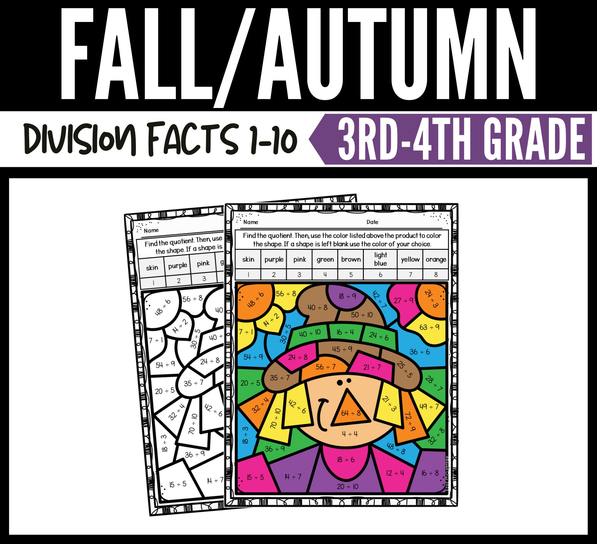 Fall Division Color by Number Worksheets for 3rd Grade and 4th Grade ...