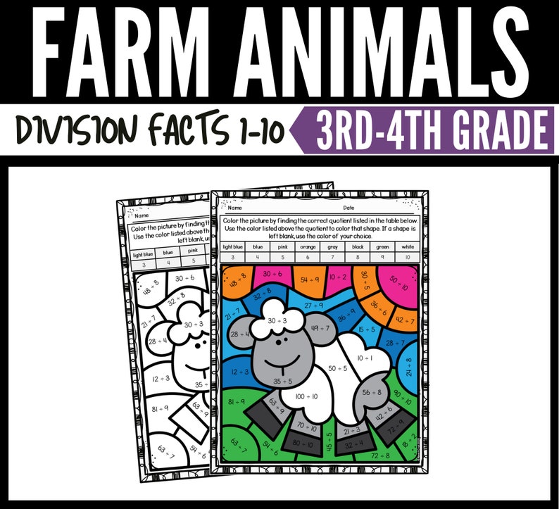 Farm Animals Division Color by Number Worksheets | 3rd Grade Math ...