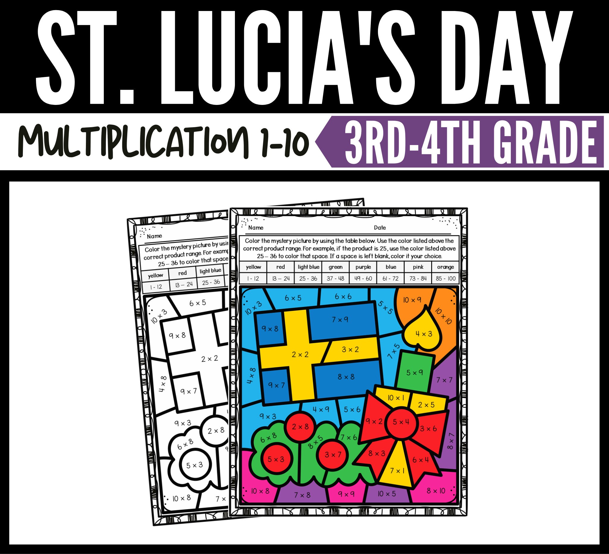 Color by Number for St. Lucia's Day Multiplication Printable ...