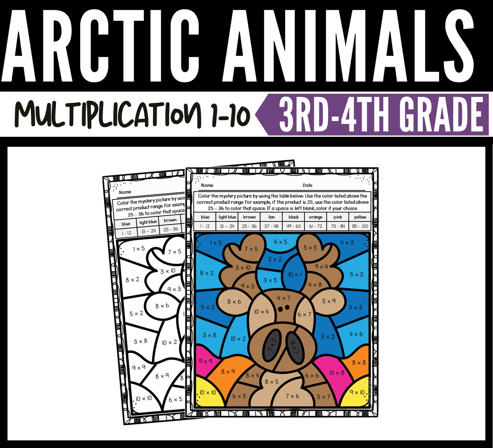 Arctic Animals Multiplication Color by Number Activity for 3rd-grade ...