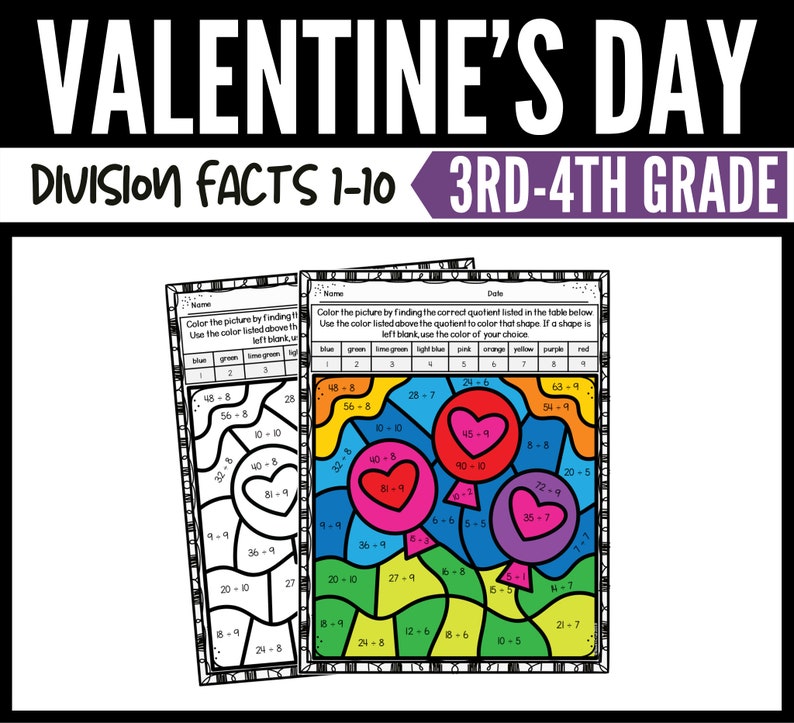 Valentine's Day Color by Number Division Worksheets for 3rd Grade and ...