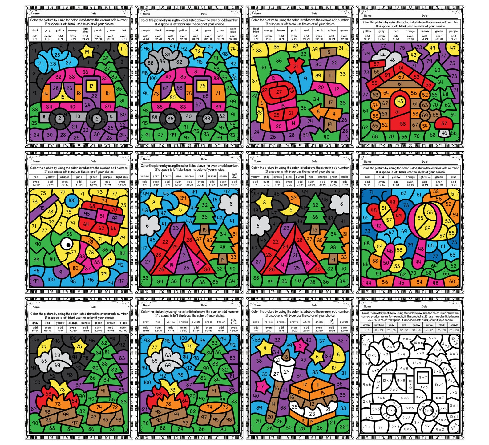 Camping Themed Odd and Even Numbers Worksheet Camping Color by Number ...