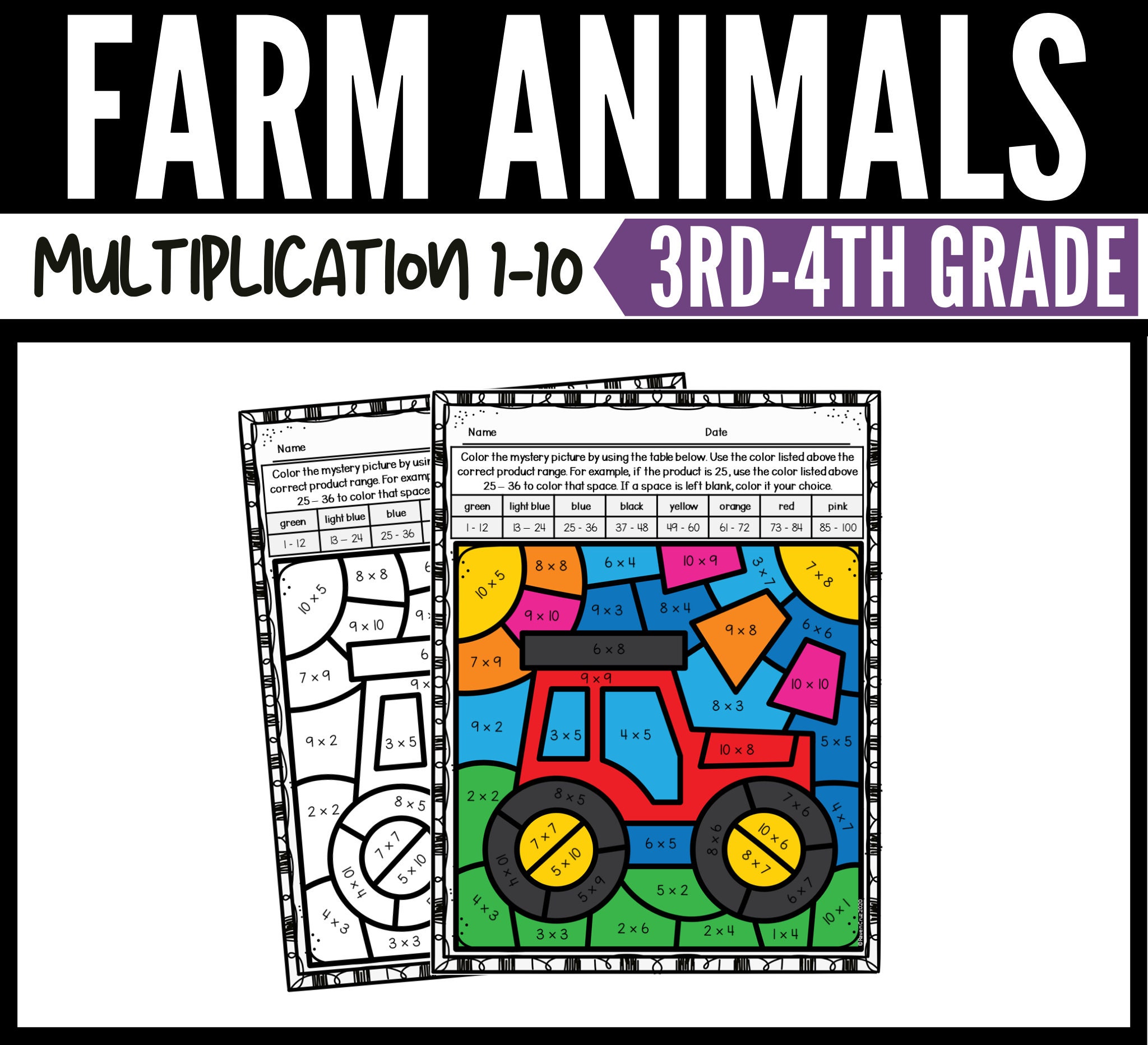 Farm Animals Multiplication Color by Number Worksheets 3rd Grade Math ...