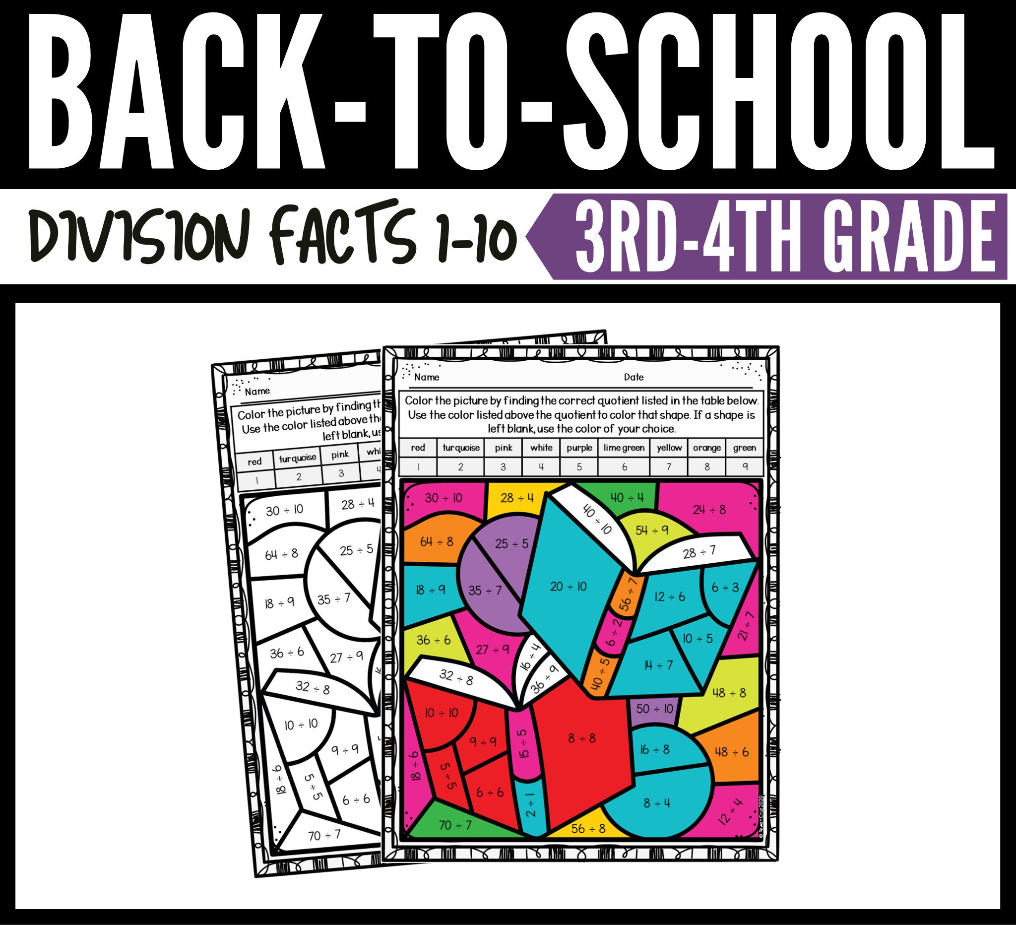 Back to School Division Color by Number Worksheets for 3rd Grade and ...