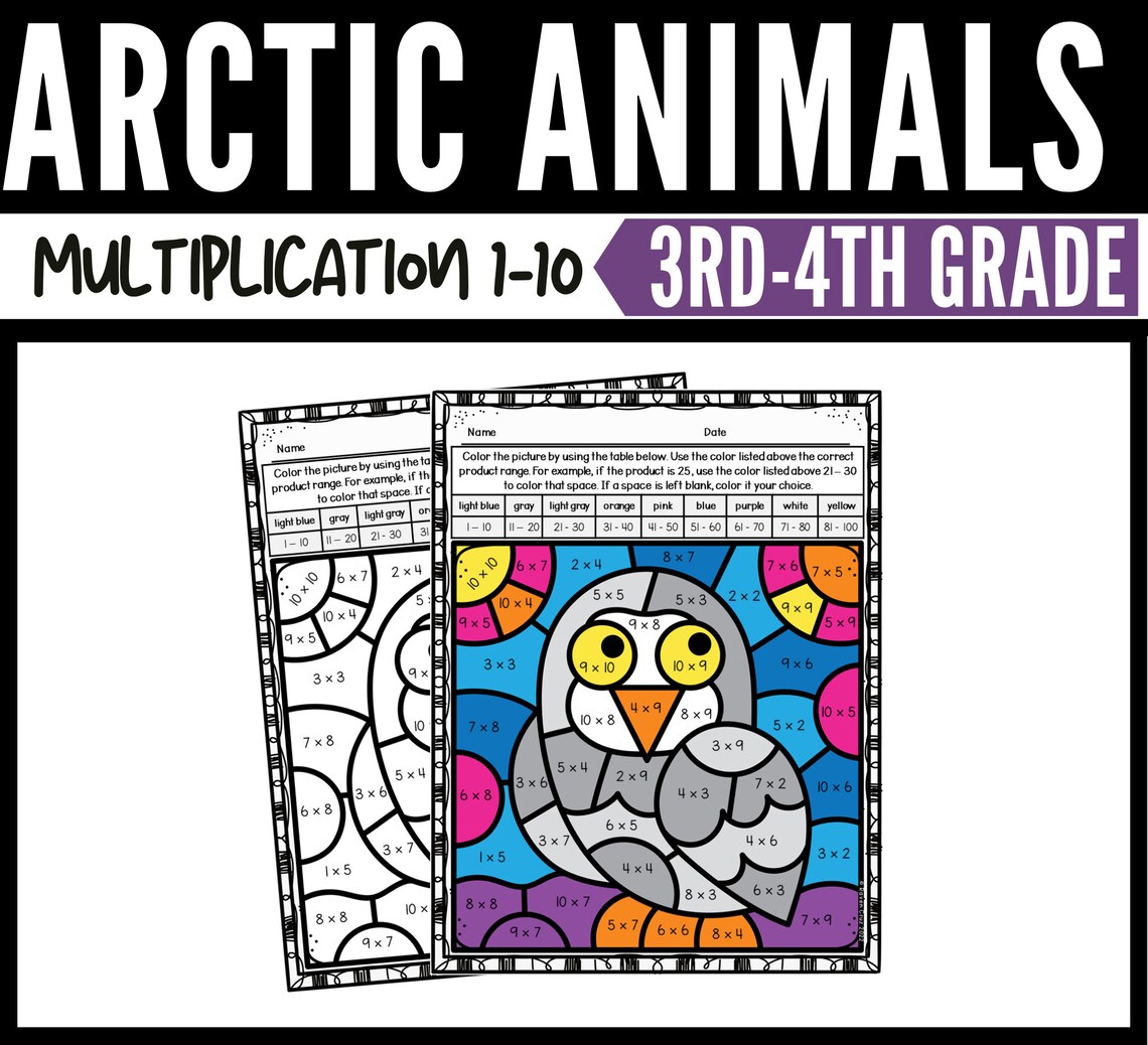 Arctic Animals Multiplication Color by Number Activity for 3rd-grade ...