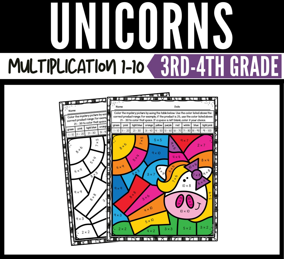 Unicorn Color by Number Multiplication Worksheets 3rd Grade Math ...
