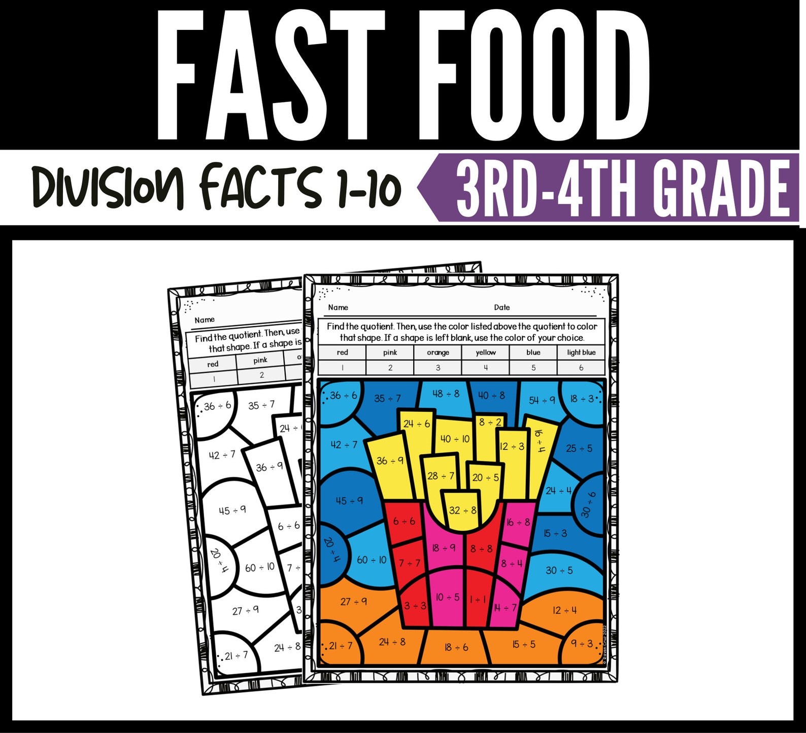 Fast Food Division Color by Number Worksheets | 3rd Grade Division ...