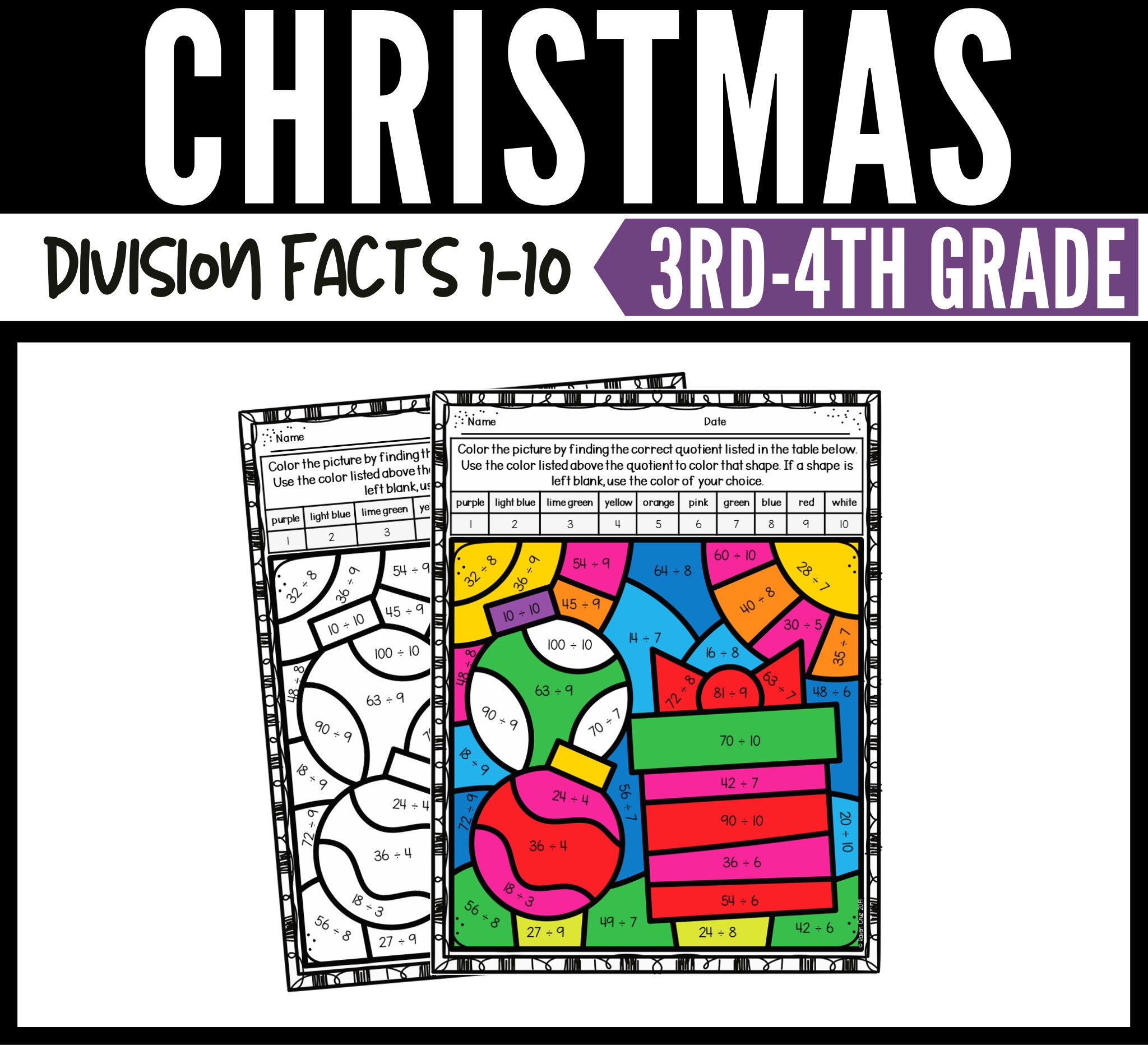 Christmas Color by Number Division Printable Worksheet, 3rd-grade 4th ...