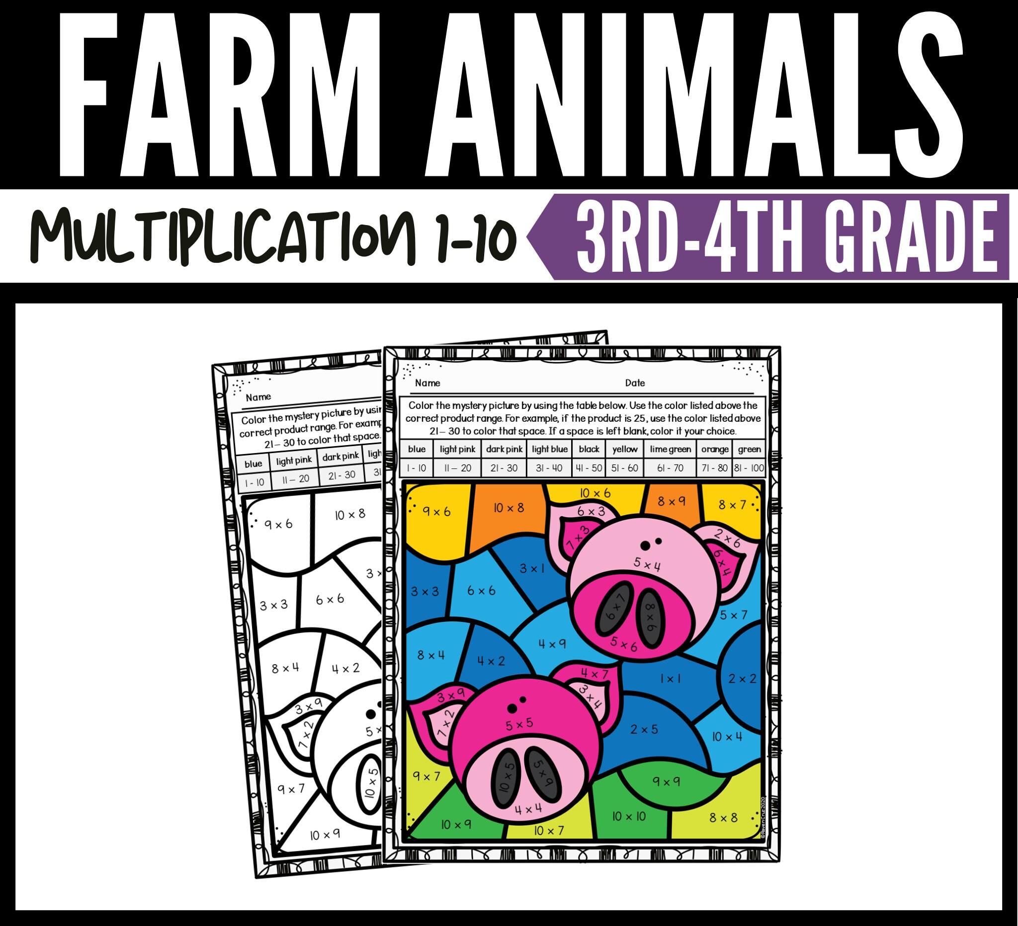 Farm Animals Multiplication Color by Number Worksheets | 3rd Grade Math ...
