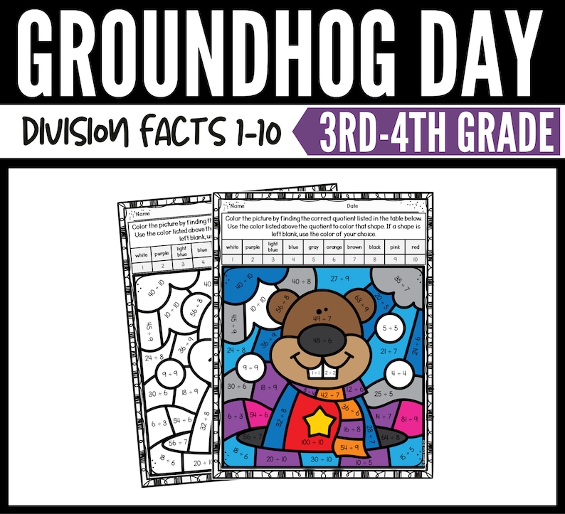 Groundhog Day Division Color by Number Worksheets for 3rd Grade Math ...