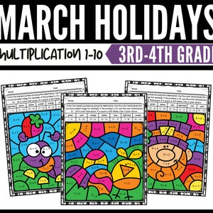 March Holiday Color by Number Multiplication Worksheets | St. Patrick's ...
