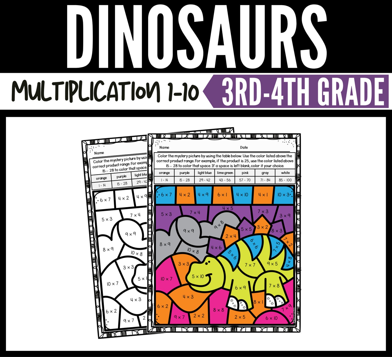 Dinosaur Multiplication Color by Number Worksheets | Fun 3rd Grade ...