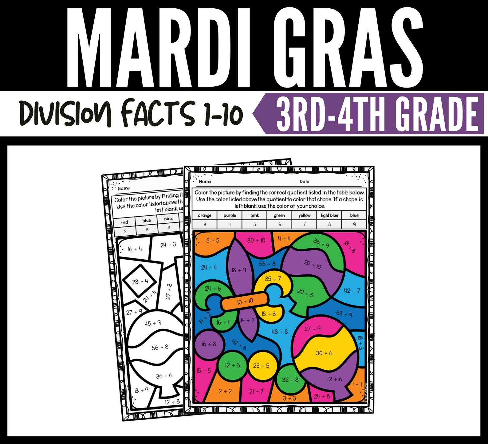 Mardi Gras Division Color by Number Worksheets for 3rd-grade and 4th ...