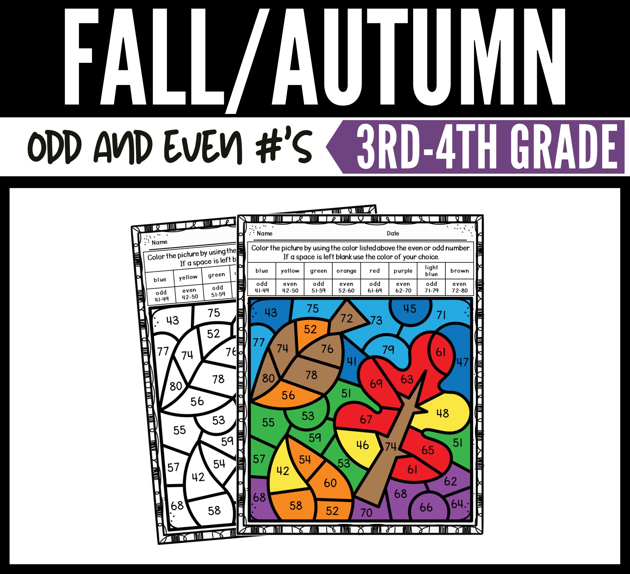 Fall Odd and Even Color by Number for Autumn 3rd Grade and 4th Grade ...