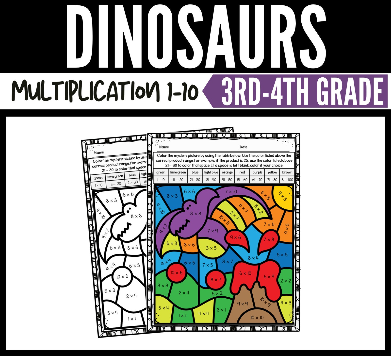 Dinosaur Multiplication Color by Number Worksheets | Fun 3rd Grade ...