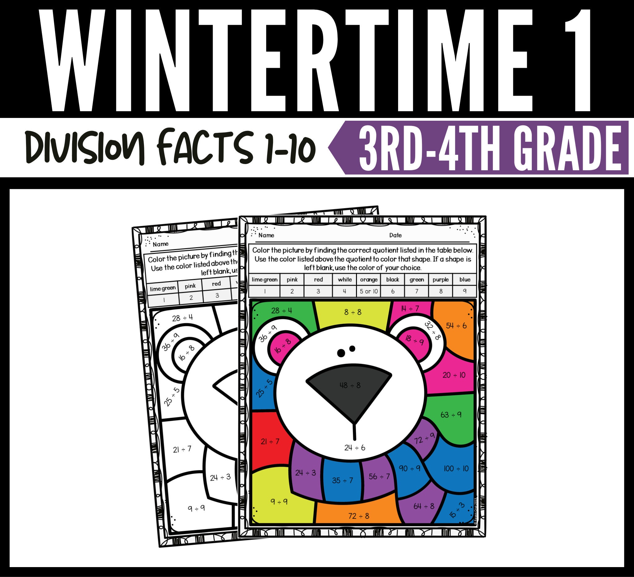 Division Color by Number Worksheets for Winter in 3rd Grade and 4th ...