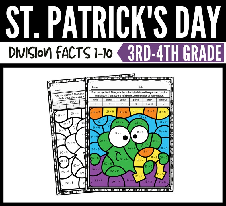 St. Patrick's Day Division Color by Number | 3rd-4th Grade (PDF) - Etsy
