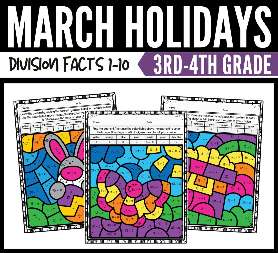 March Holiday Color by Number Division Worksheets St. Patrick's Day ...