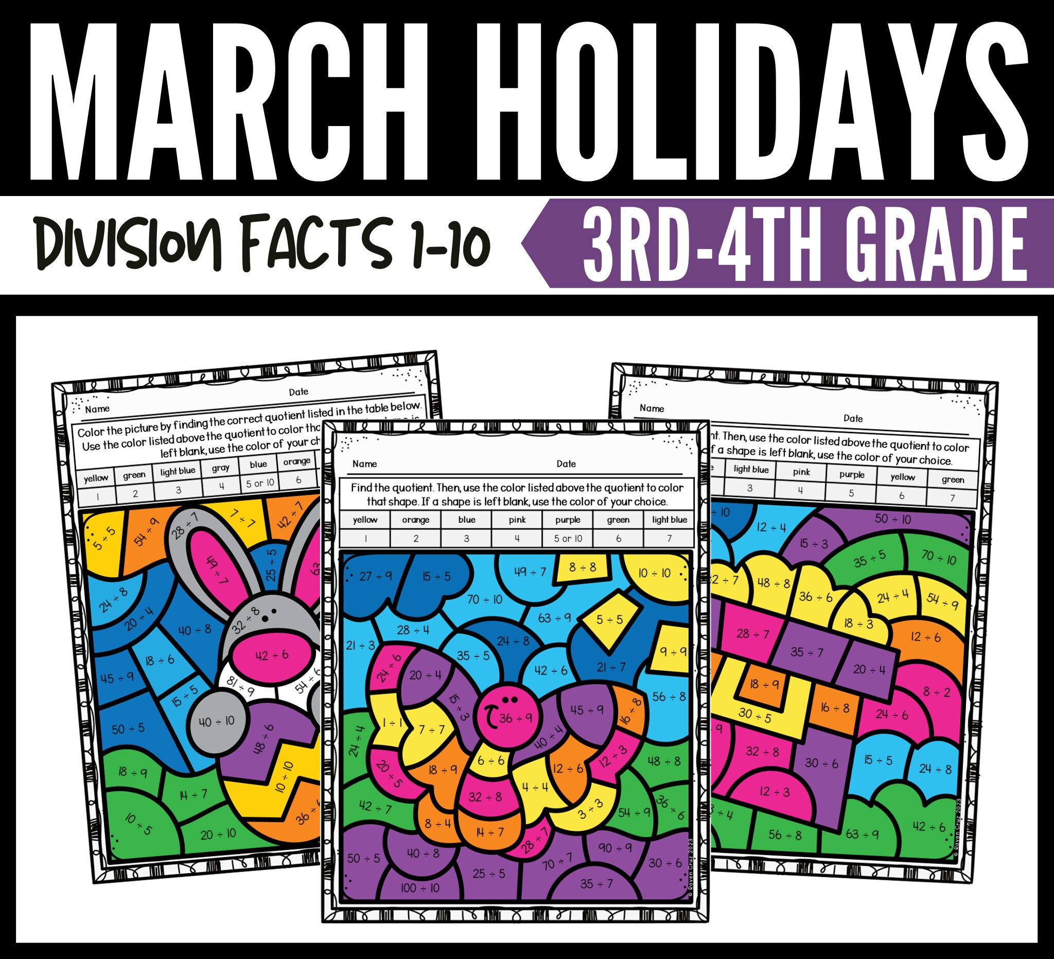 March Holiday Color by Number Division Worksheets St. Patrick's Day ...