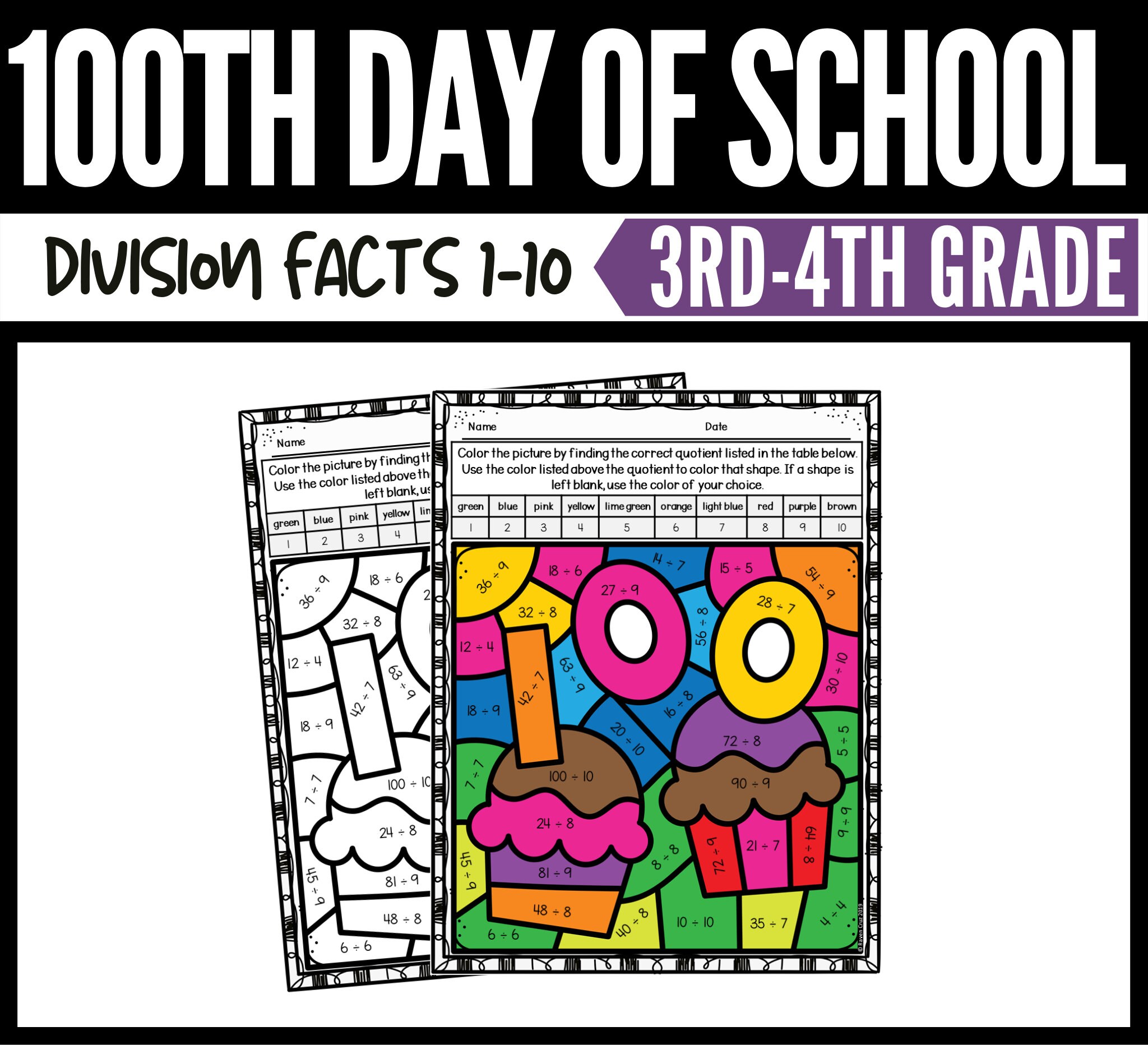 100 Days of School Division Color by Number Worksheets for 3rd Grade ...