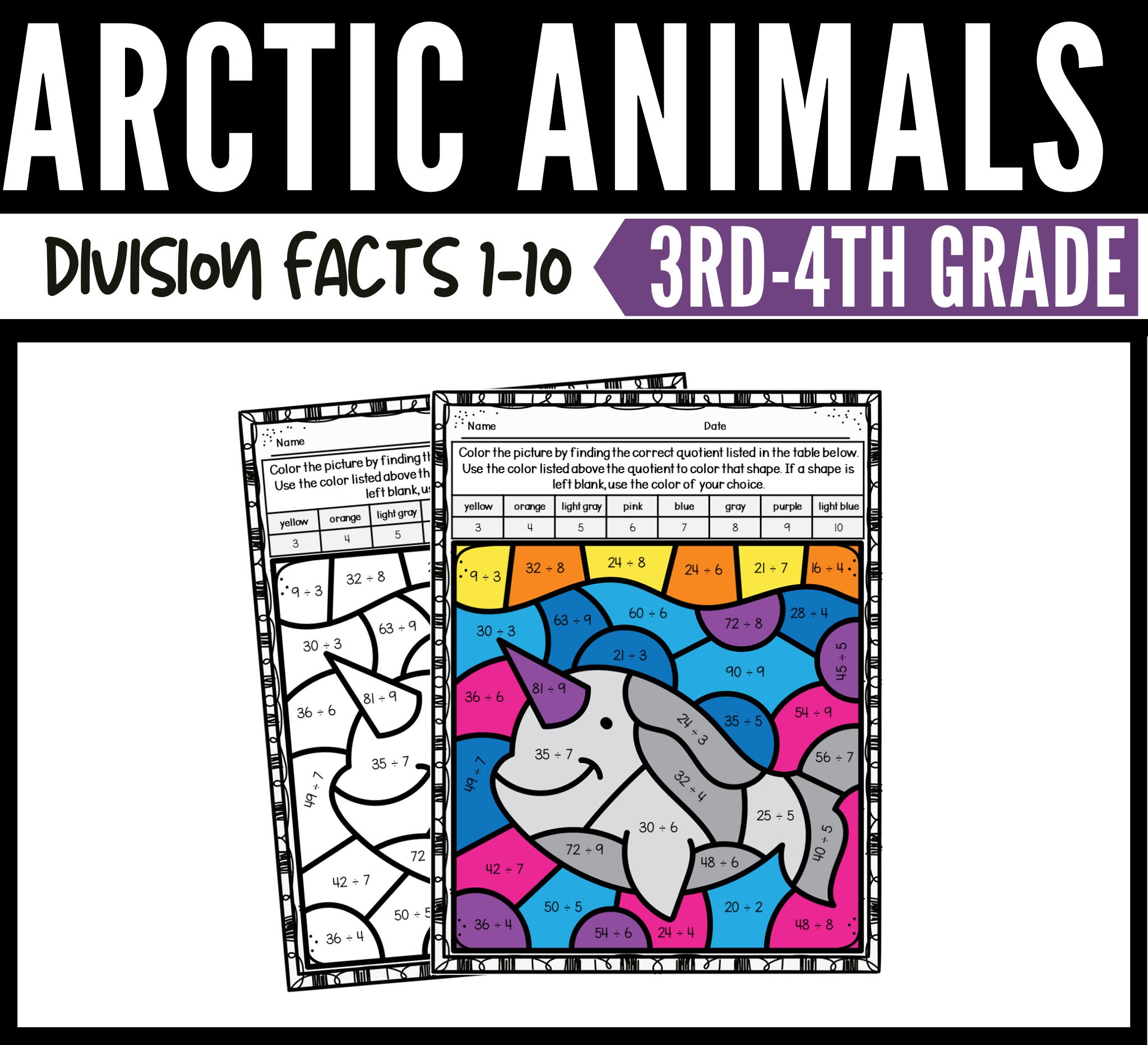 Arctic Animals Division Color by Number Worksheets for 3rd Grade and ...