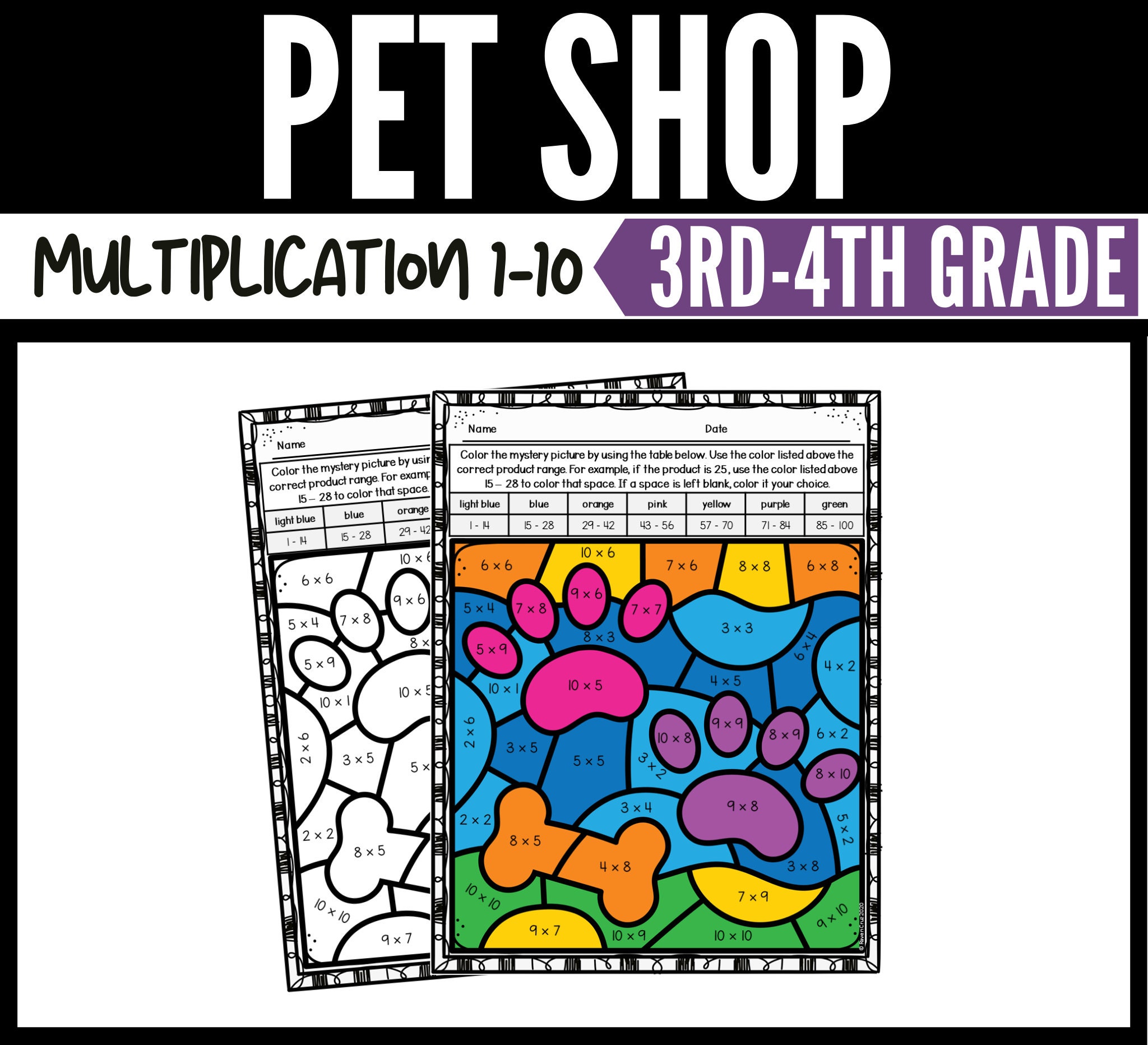 Pet Shop Multiplication Color by Number Worksheets | 3rd Grade ...