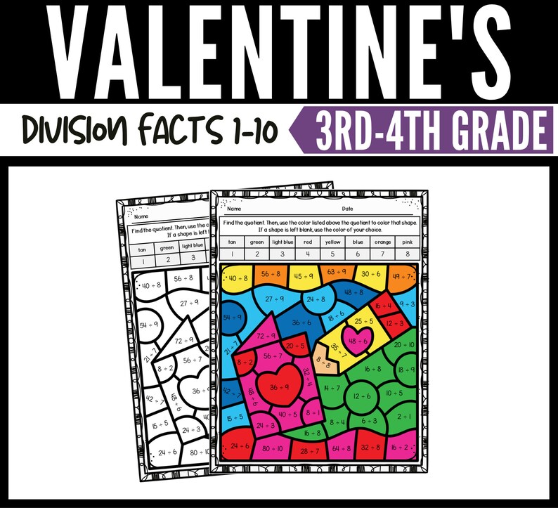 Valentine's Day Color by Number Division Worksheets for 3rd Grade and ...