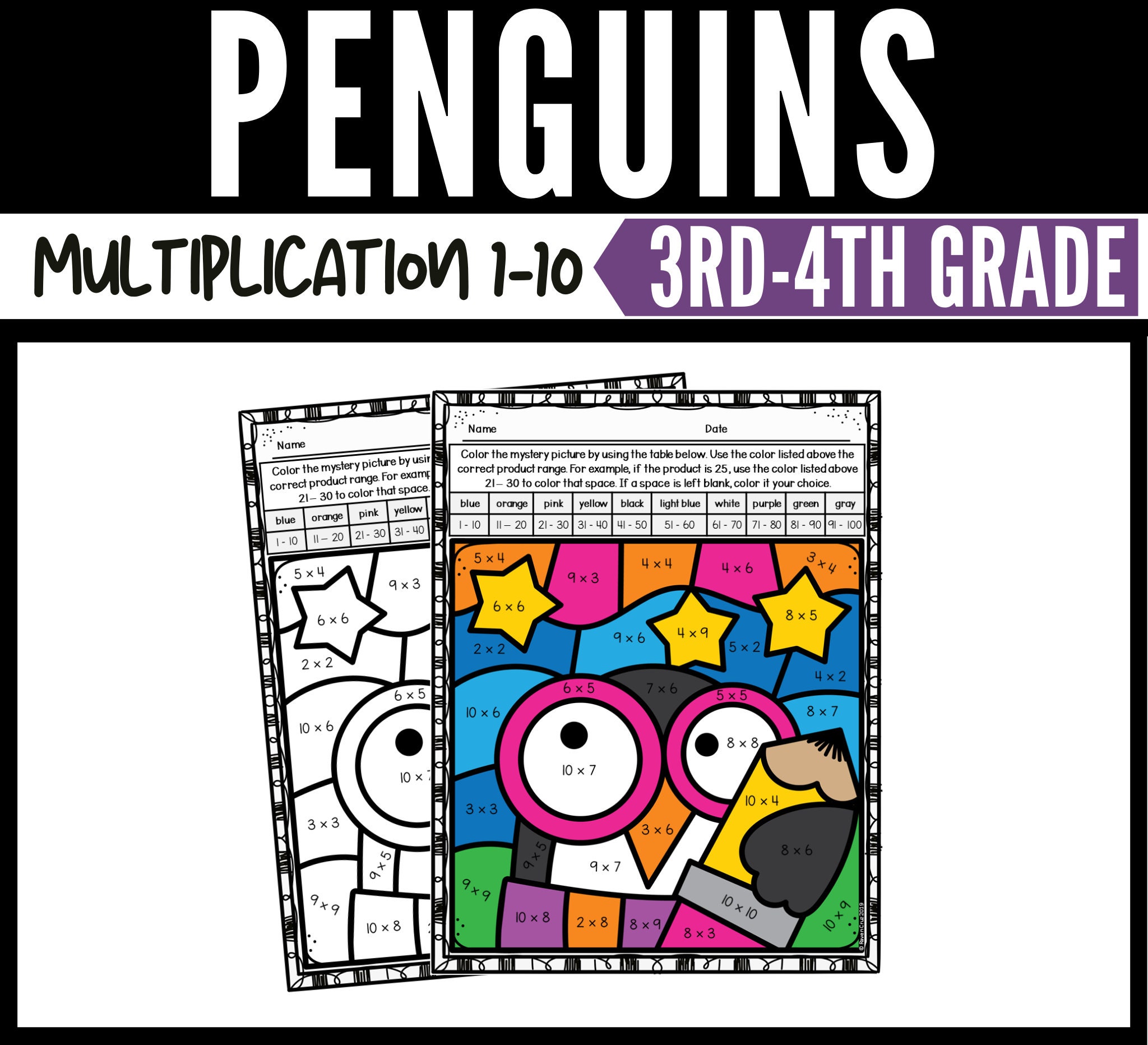 Penguin Multiplication Color by Number Worksheets for 3rd Grade and 4th ...