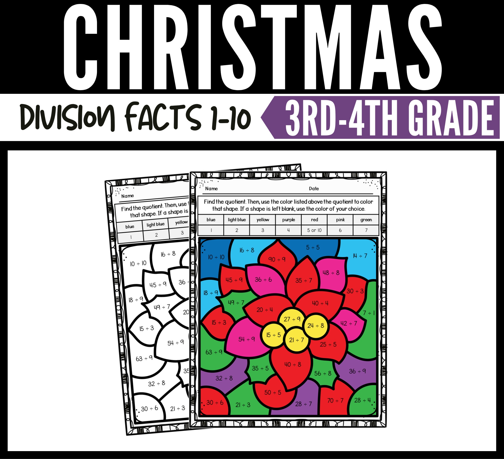 Color by Number Christmas Division Worksheets for 3rd-grade and 4th ...