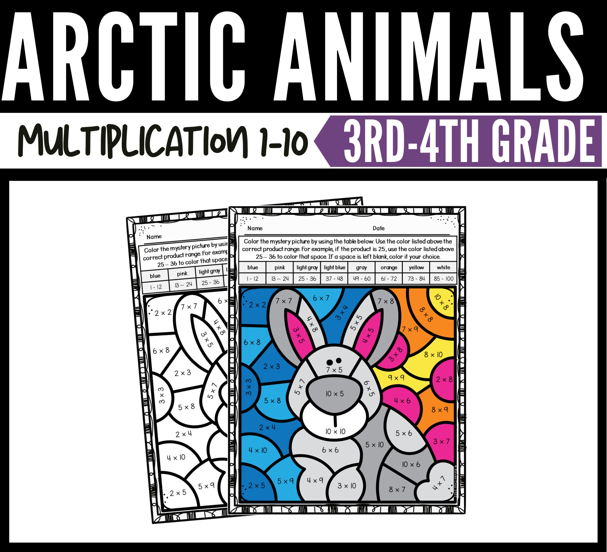 Arctic Animals Multiplication Color by Number Activity for 3rd-grade ...