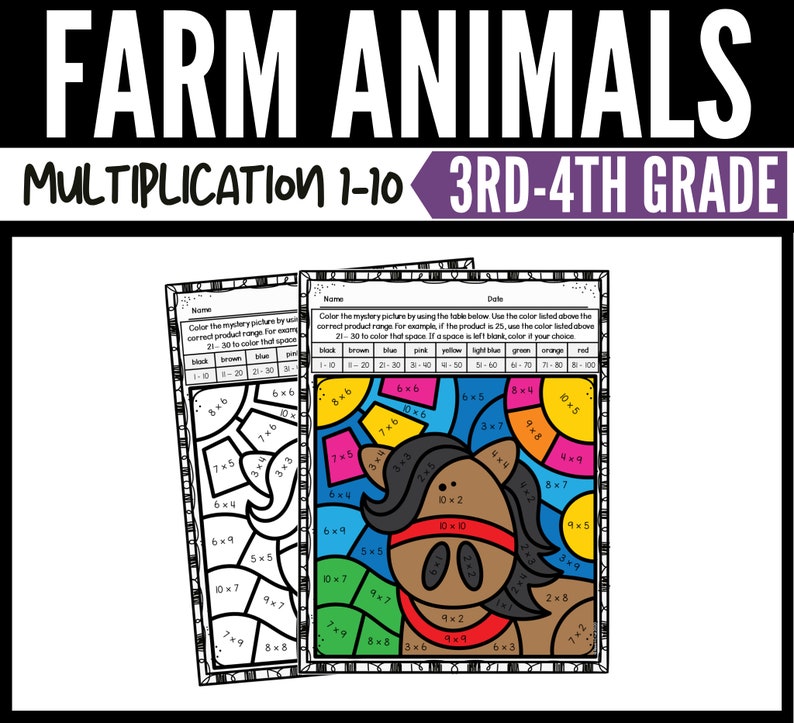 Farm Animals Multiplication Color by Number Worksheets 3rd Grade Math ...