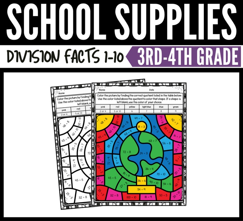 Back to School Division Color by Number Worksheets, 3rd-4th Grade (PDF ...