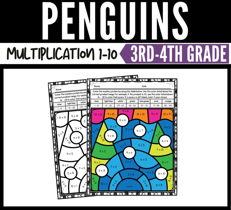 Penguin Multiplication Color by Number Worksheets for 3rd Grade and 4th ...