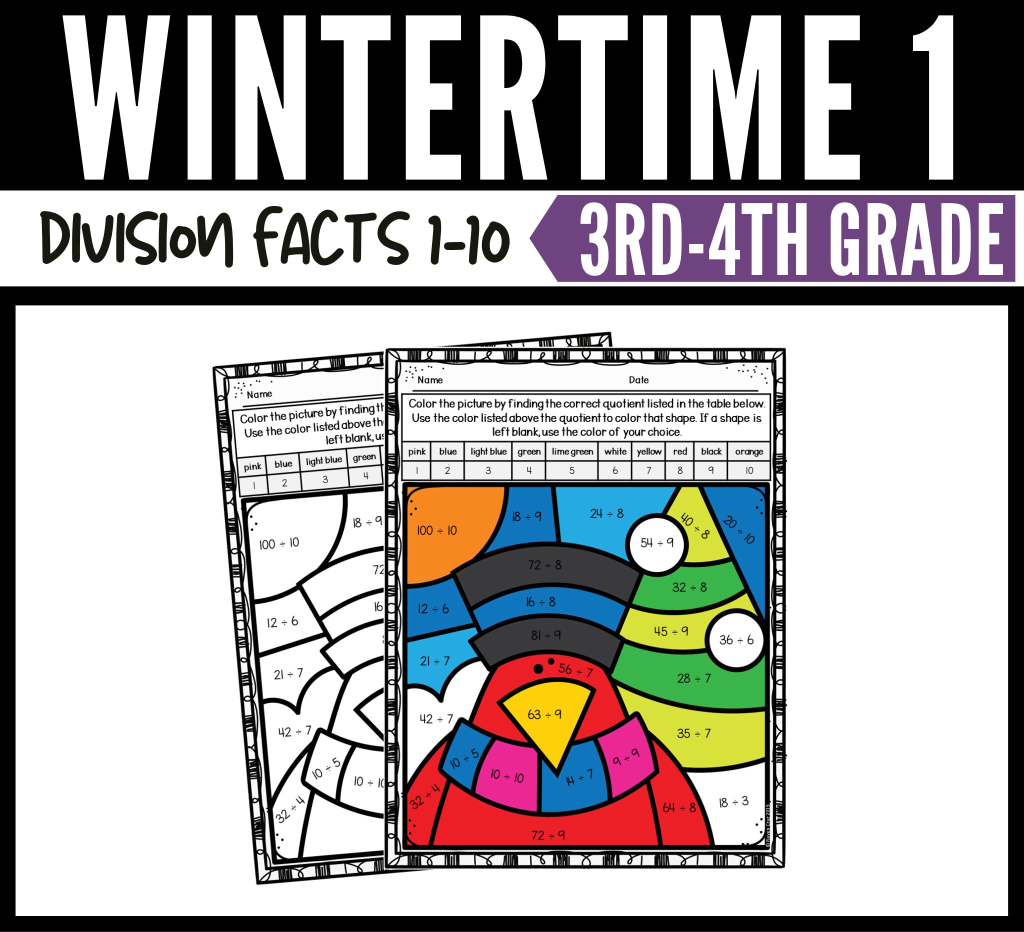 Division Color by Number Worksheets for Winter in 3rd Grade and 4th ...