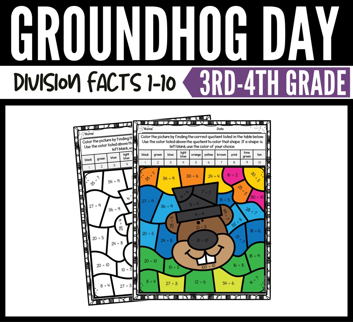 Groundhog Day Division Color by Number Worksheets for 3rd Grade Math ...