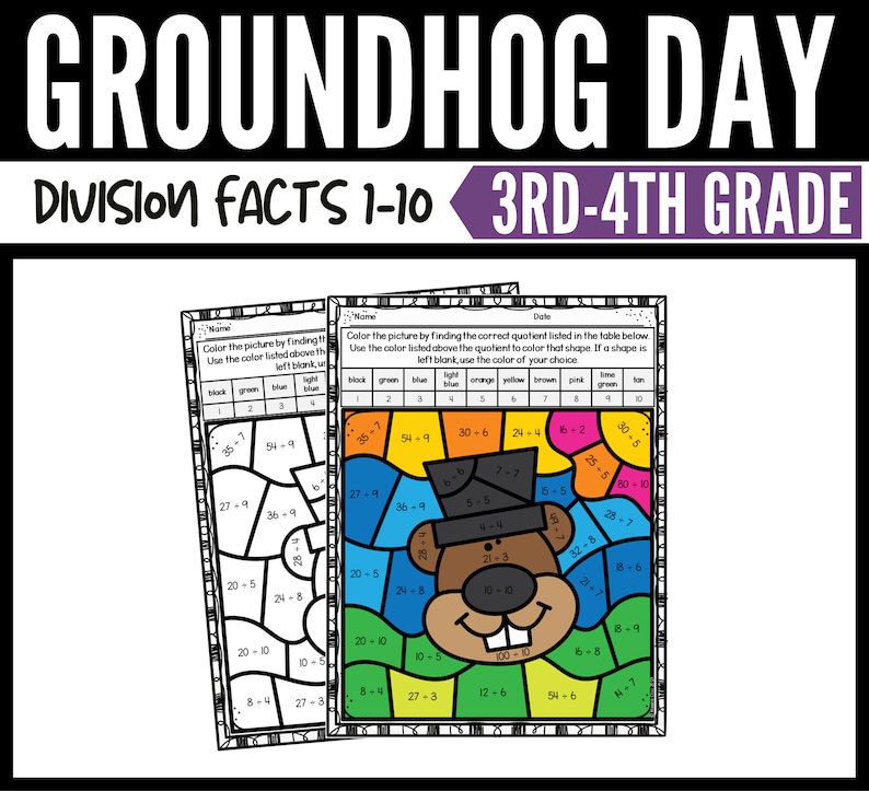 Groundhog Day Division Color by Number Worksheets for 3rd Grade Math ...