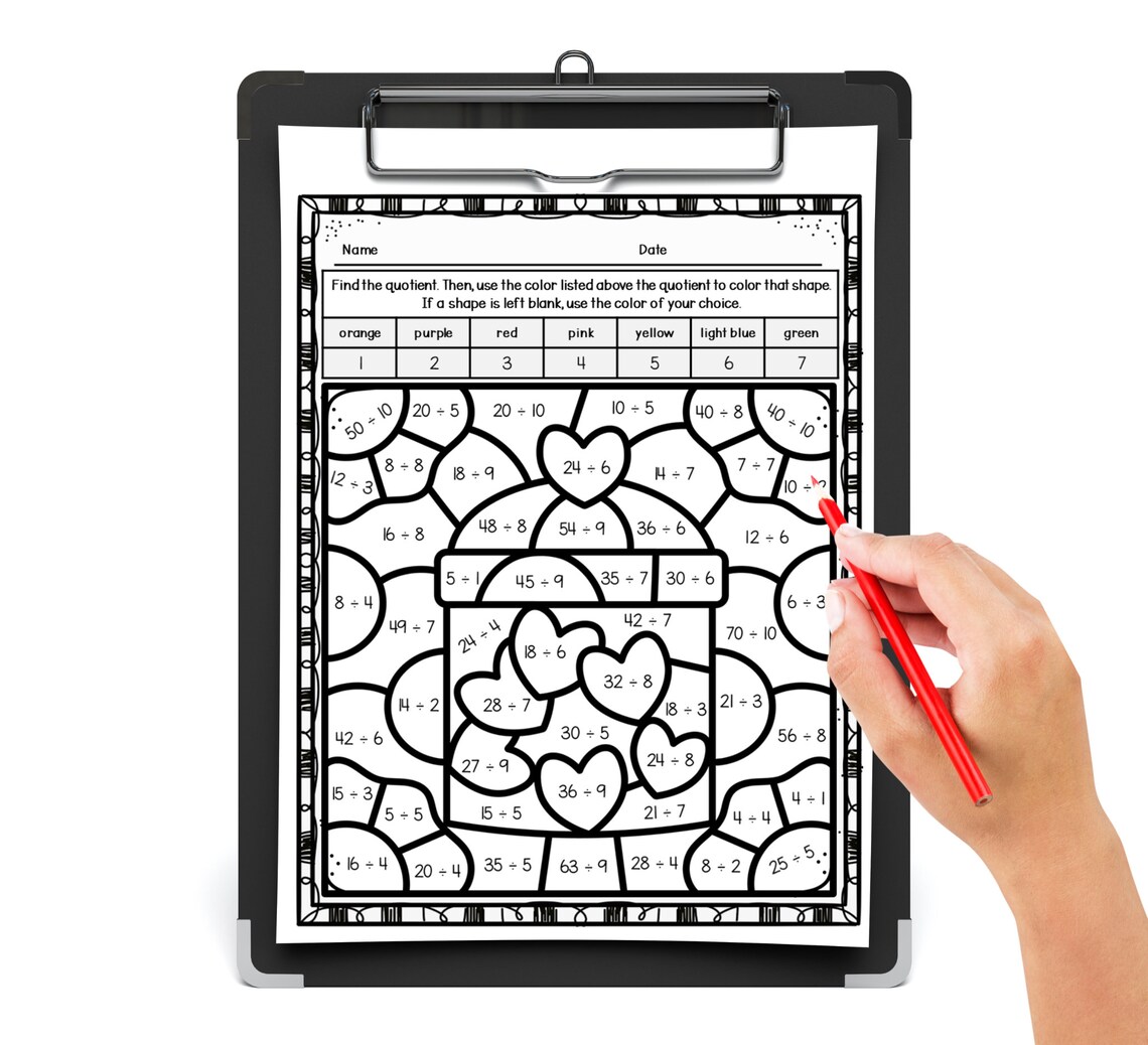 Valentine's Day Color by Number Division Worksheets for 3rd Grade and ...