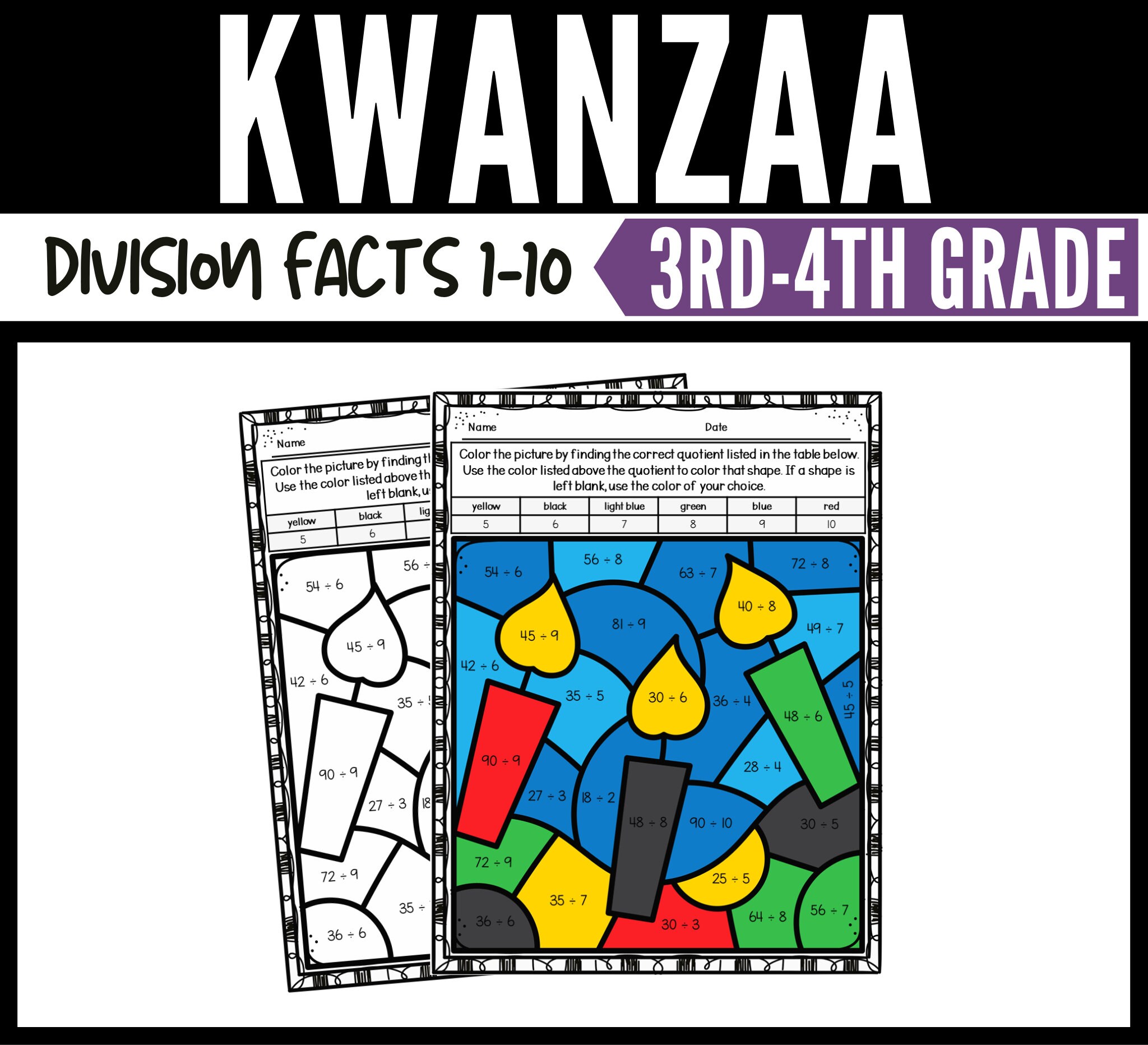 Kwanzaa Color by Number Divisionworksheets 3rd Grade and 4th Grade Math ...