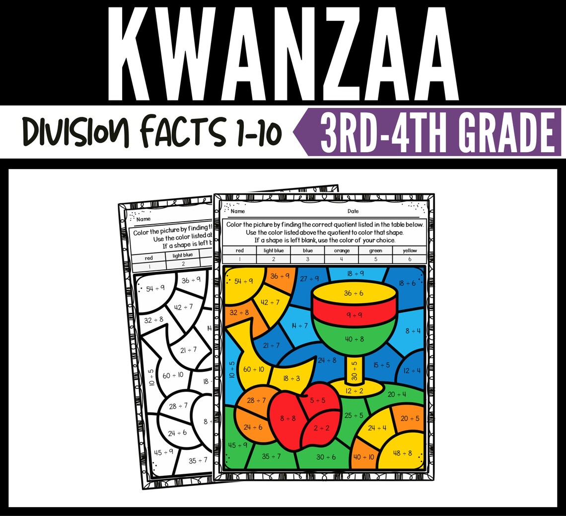 Kwanzaa Color by Number Divisionworksheets 3rd Grade and 4th Grade Math ...